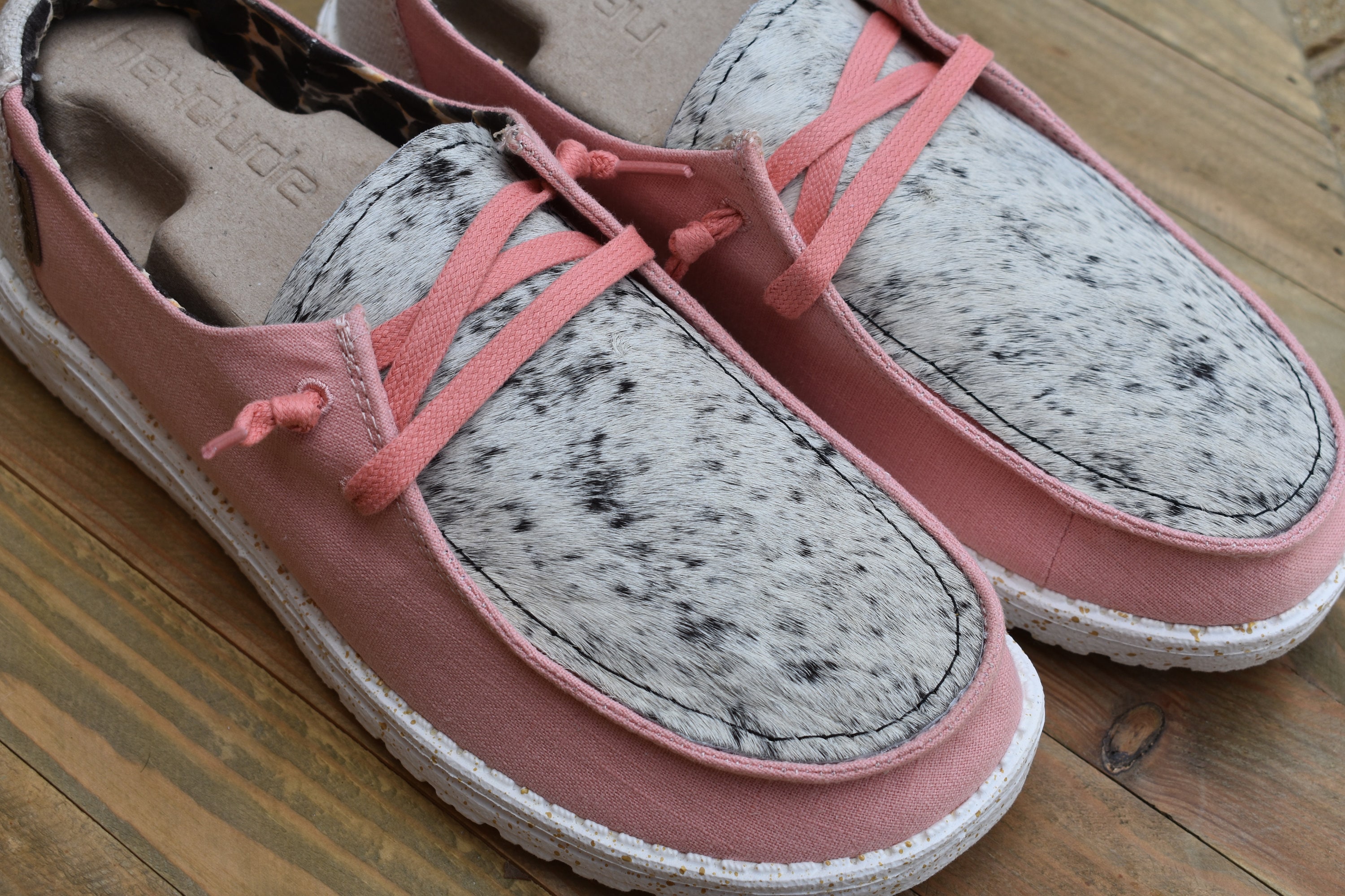 Custom Cowhide Hey Dude Shoes pink Guava and Salt and Pepper - Etsy