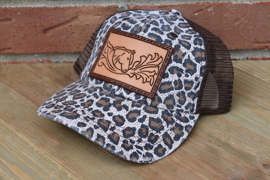 Horse Tooled Leather Patch Baseball Cap Leopard Print - Etsy