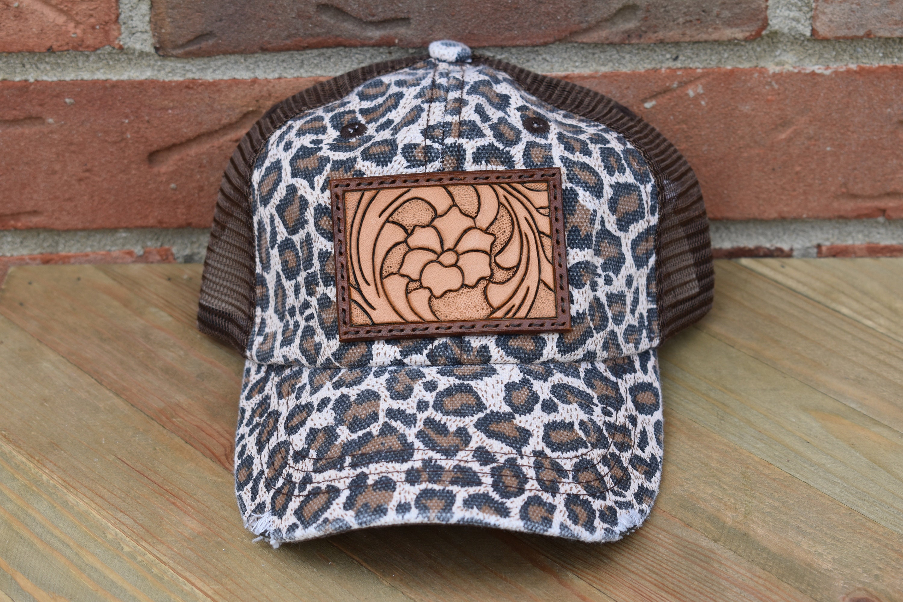 Floral Tooled Leather Patch Baseball Cap Brown Leopard Print - Etsy