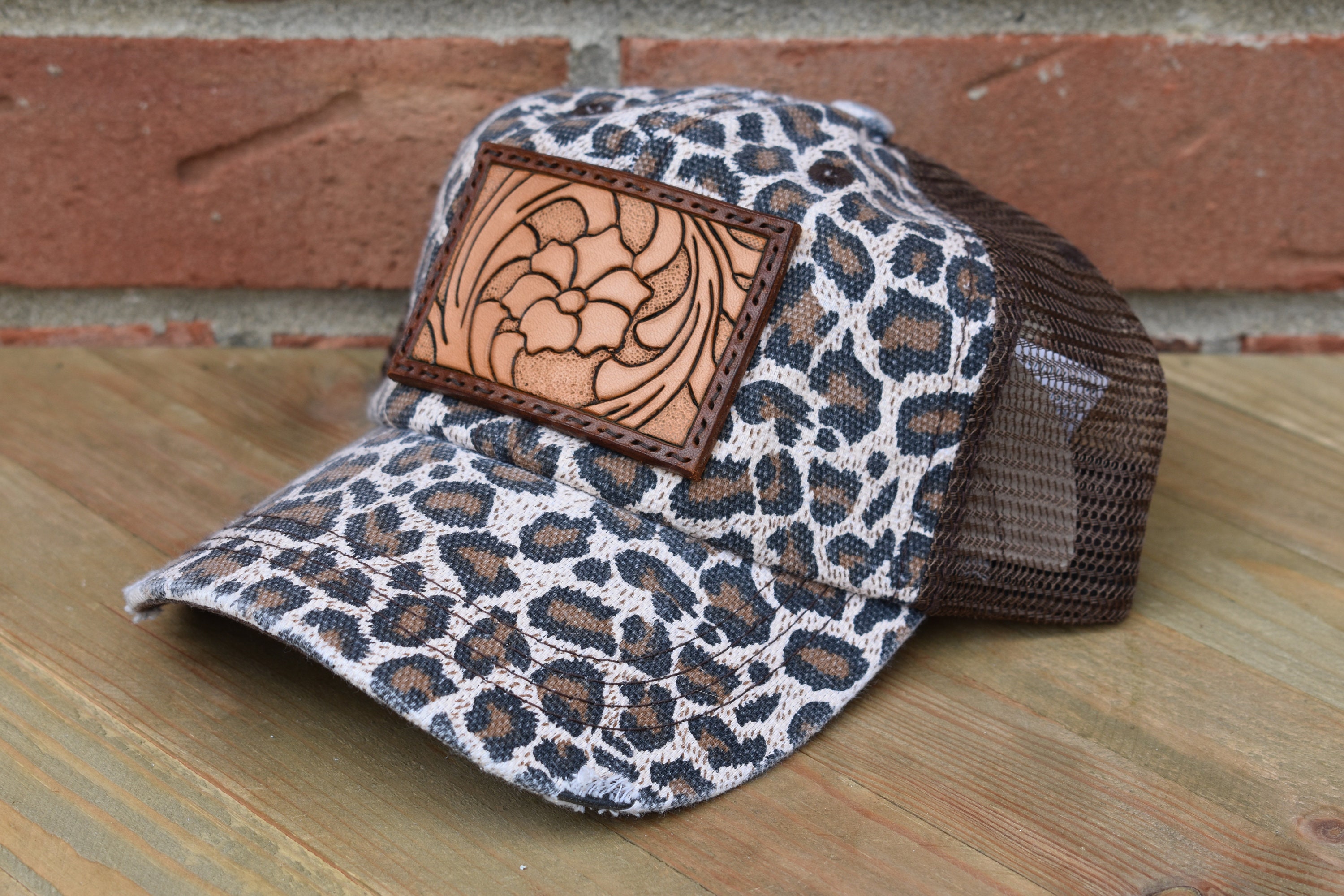 Floral Tooled Leather Patch Baseball Cap Brown Leopard Print - Etsy