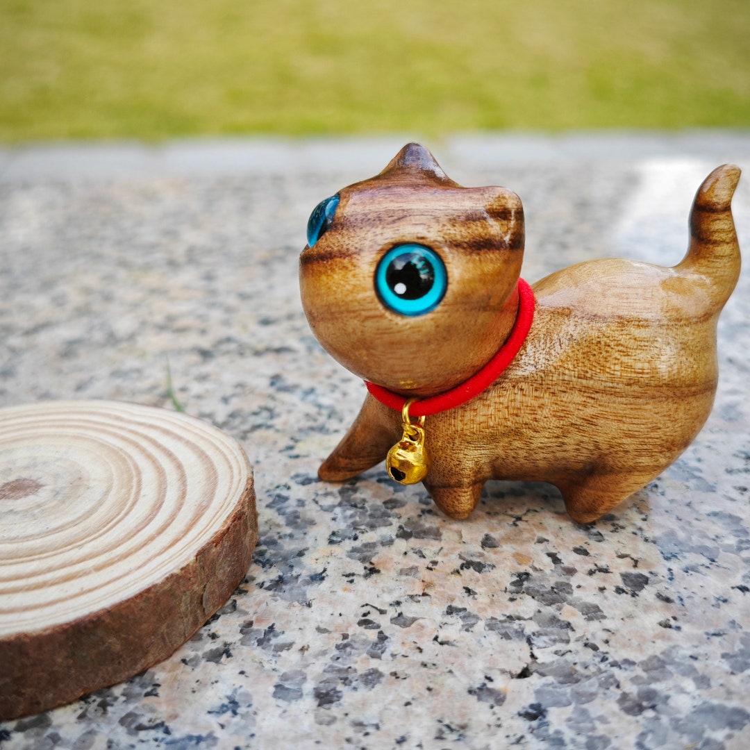 Kawaii Wooden Cat Statue,cute Cat Sculpture,wooden Cat Statue,desk ...