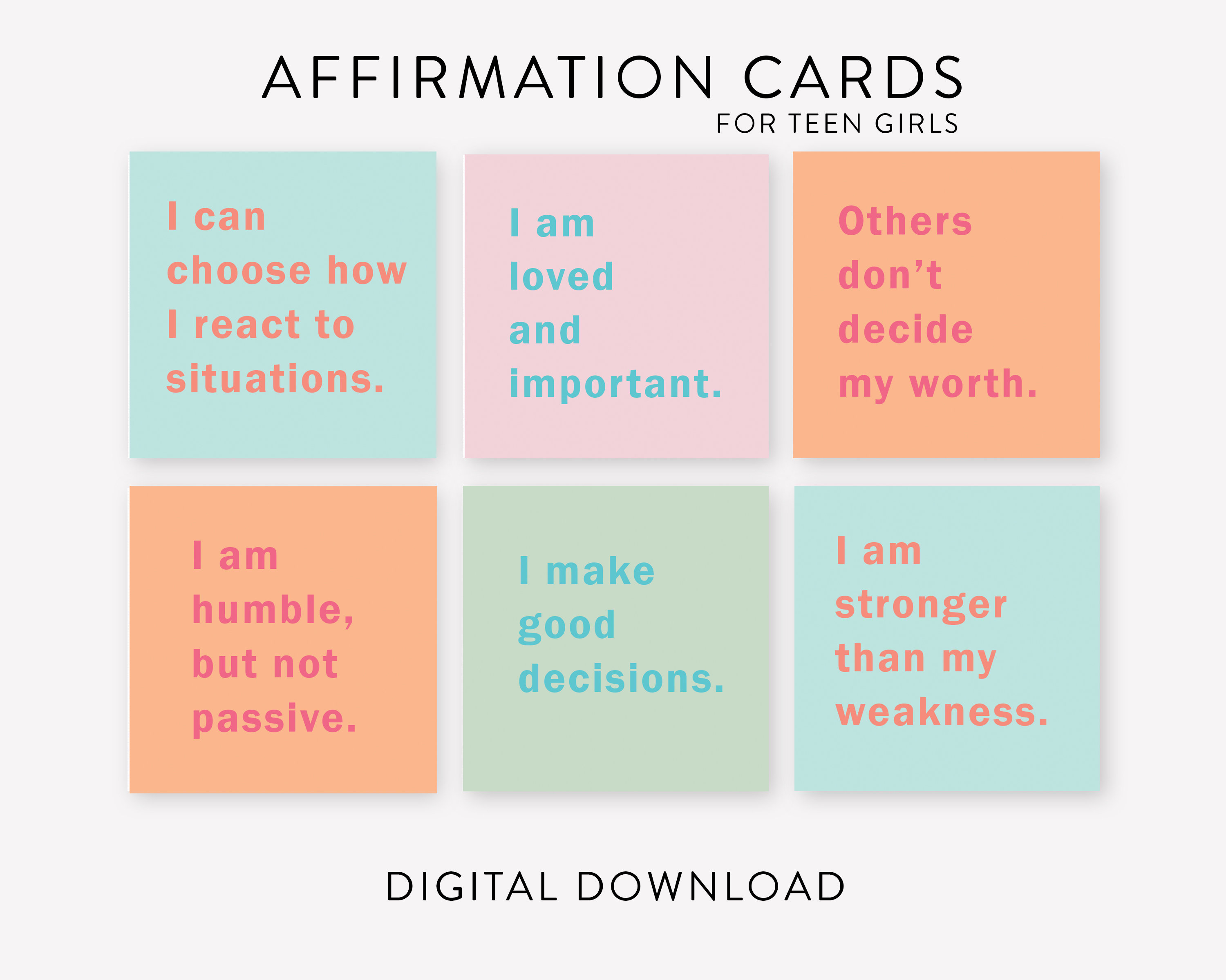 Teen Girls Positive Affirmation Cards / Set of 24 Printable Cards ...
