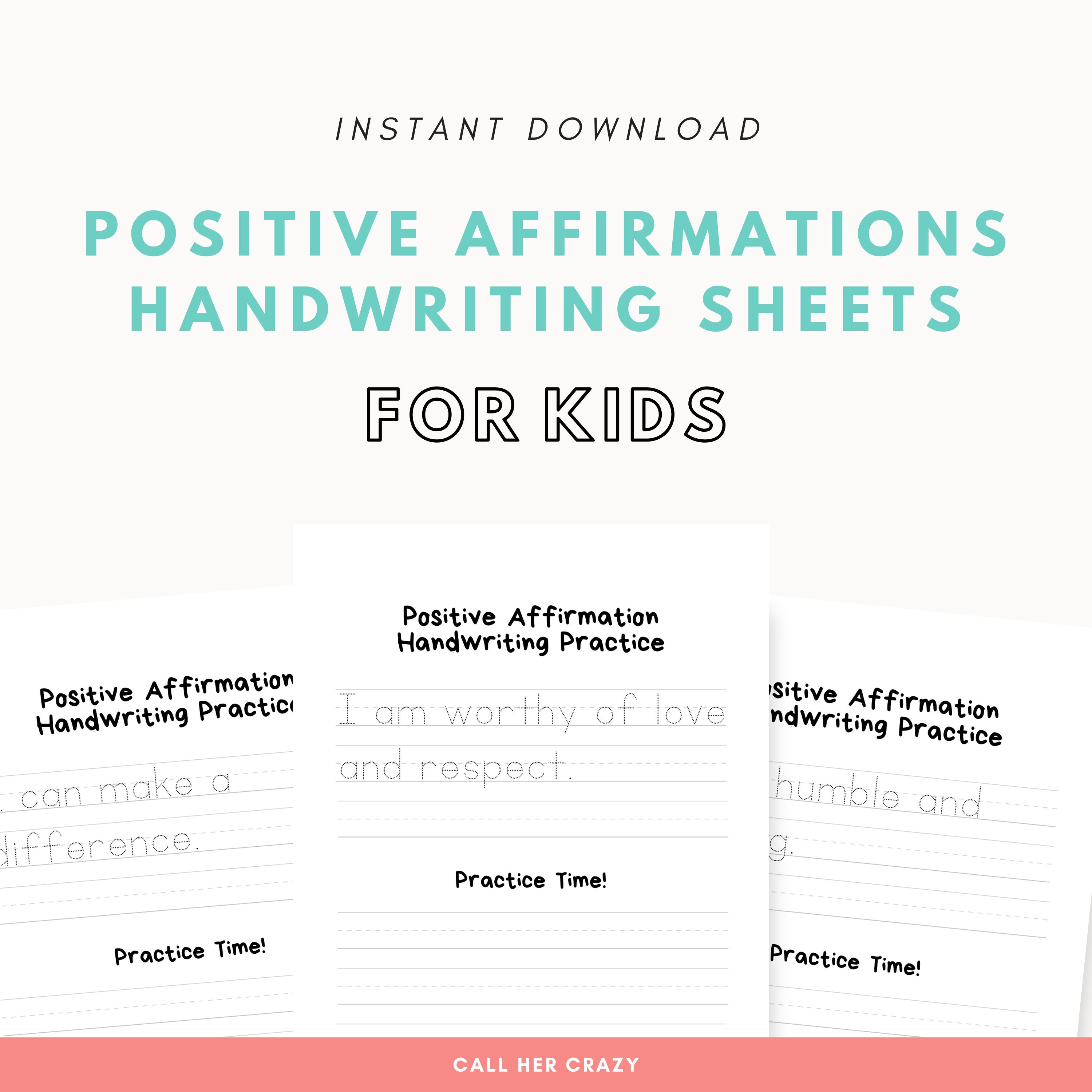 Positive Affirmations Practice Handwriting Sheets / DIGITAL DOWNLOAD ...