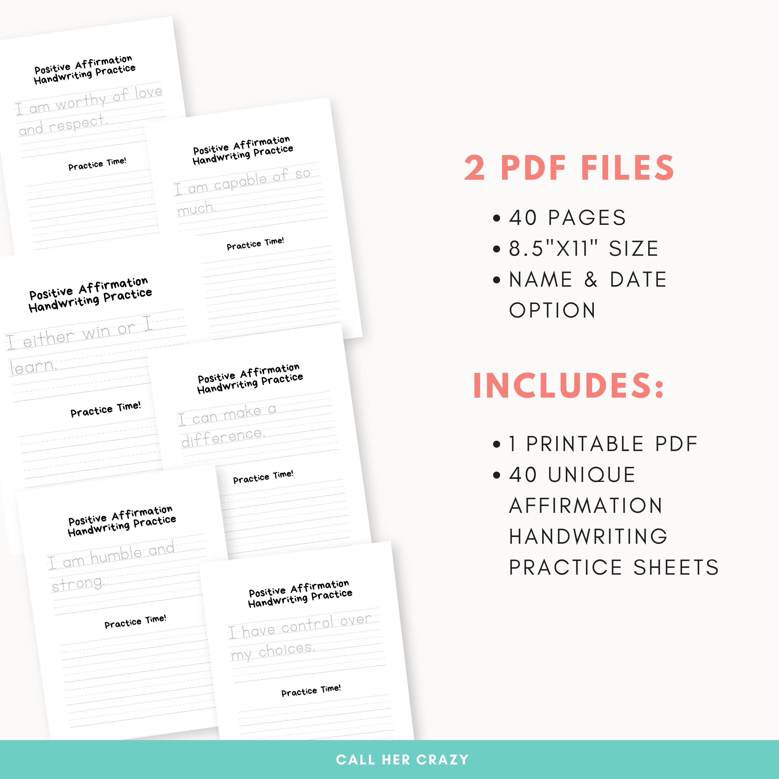 Positive Affirmations Practice Handwriting Sheets / DIGITAL DOWNLOAD ...