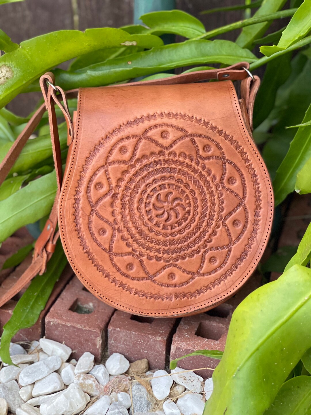 Round Leather Mexican Chiapas Handmade Bag Camel Brown Boho - Etsy
