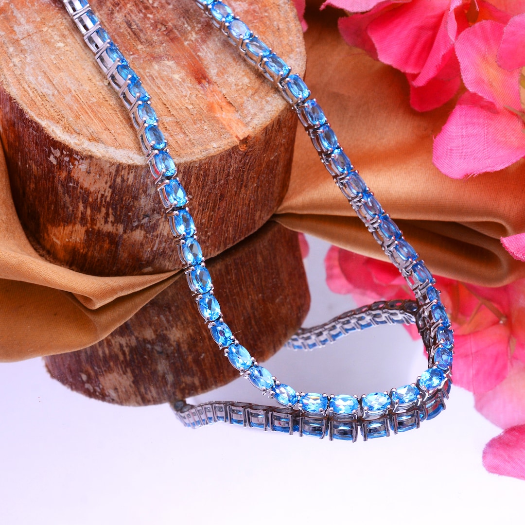 Natural Swiss Blue Topaz Oval Cut Long Chain ~ 925 Sterling Silver ...