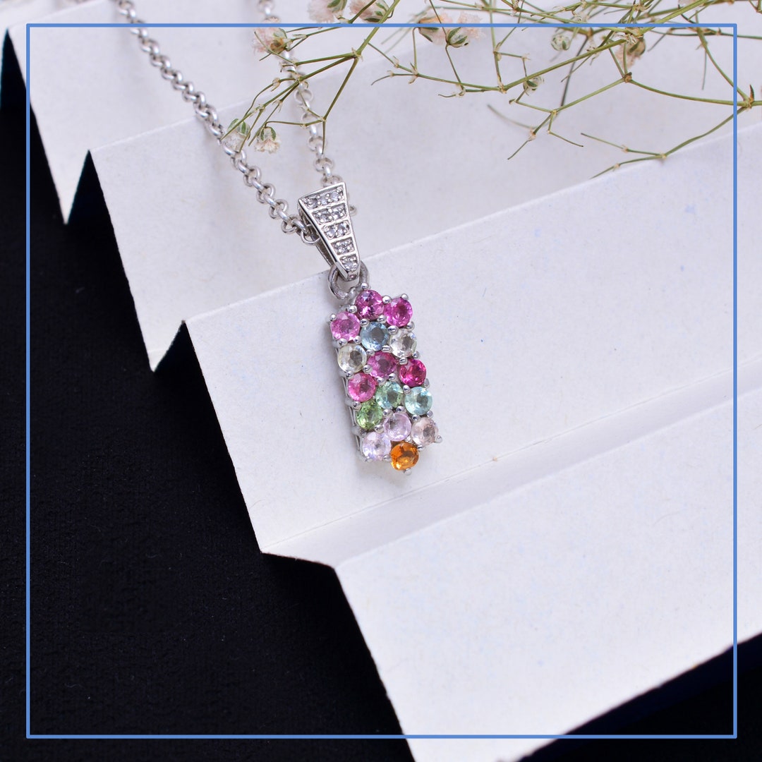 Multi Turmalin Edelstein VertikalEr Langer Anhänger ~ 925 Sterling ...