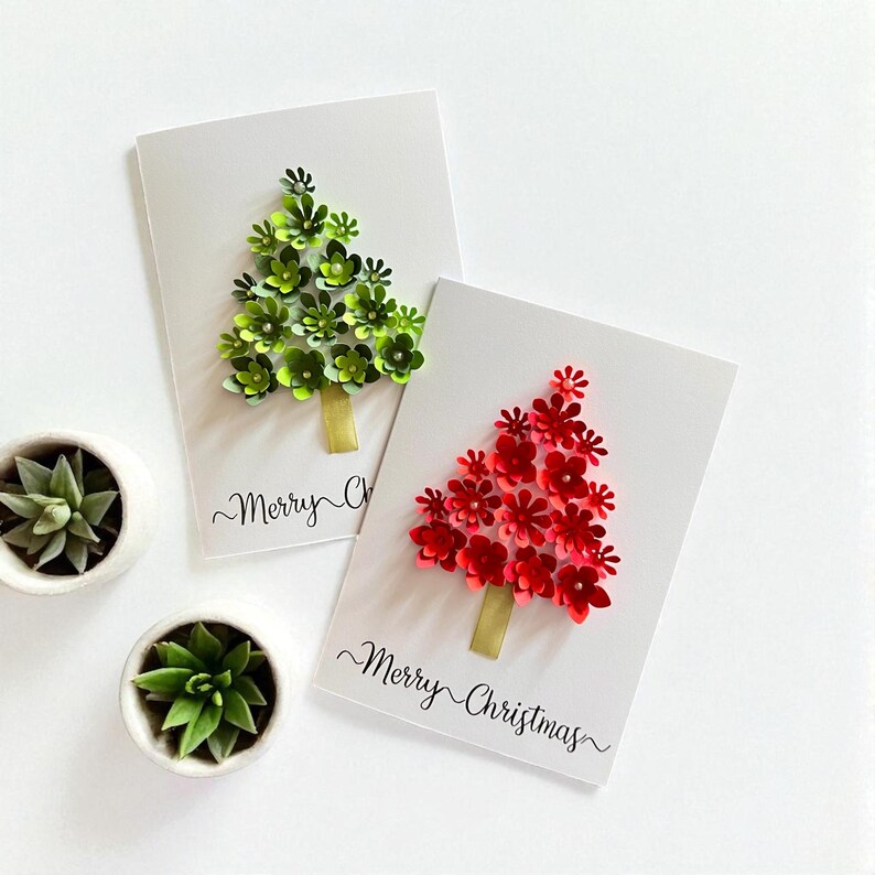 3D Handmade Christmas Tree Cards, Floral Design Card, Set of 2 - Etsy UK