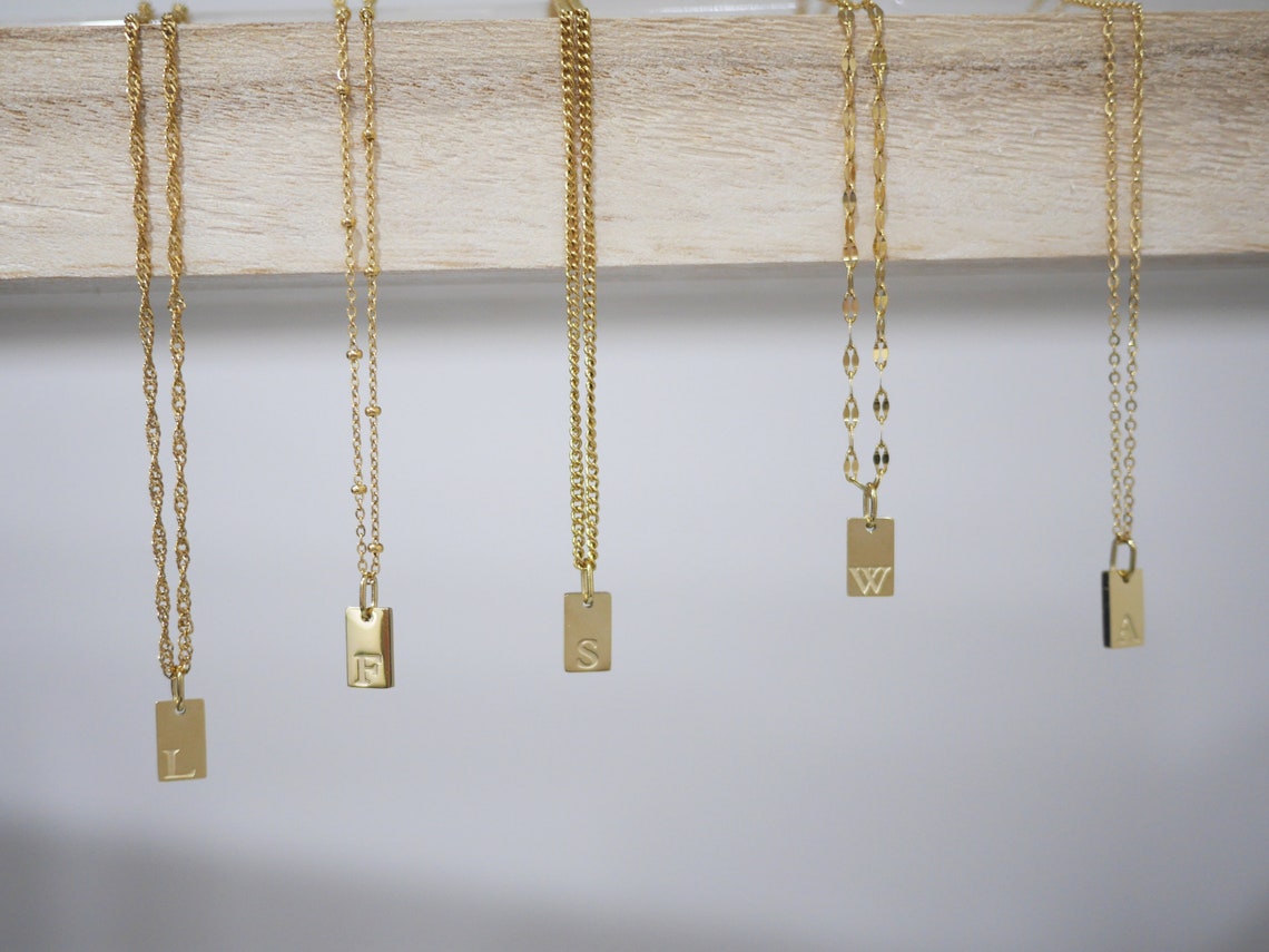 Engravable Initial Tag Necklace | Letter Bar Charm Pendant – Gold ...
