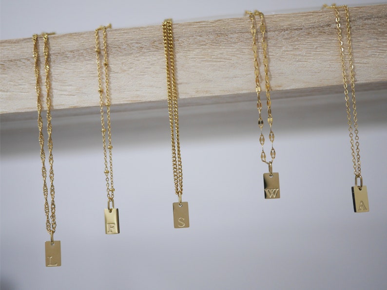 Engravable Initial Tag Necklace | Letter Bar Charm Pendant – Gold ...