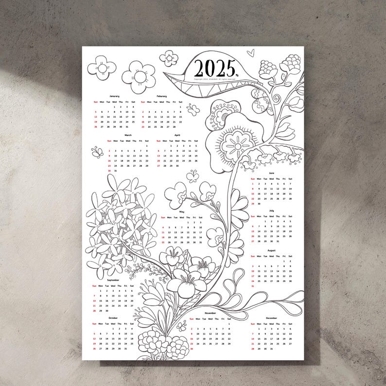 2025 Wall Calendar | Coloring Calendar | Yearly Calendar | Printable - Etsy
