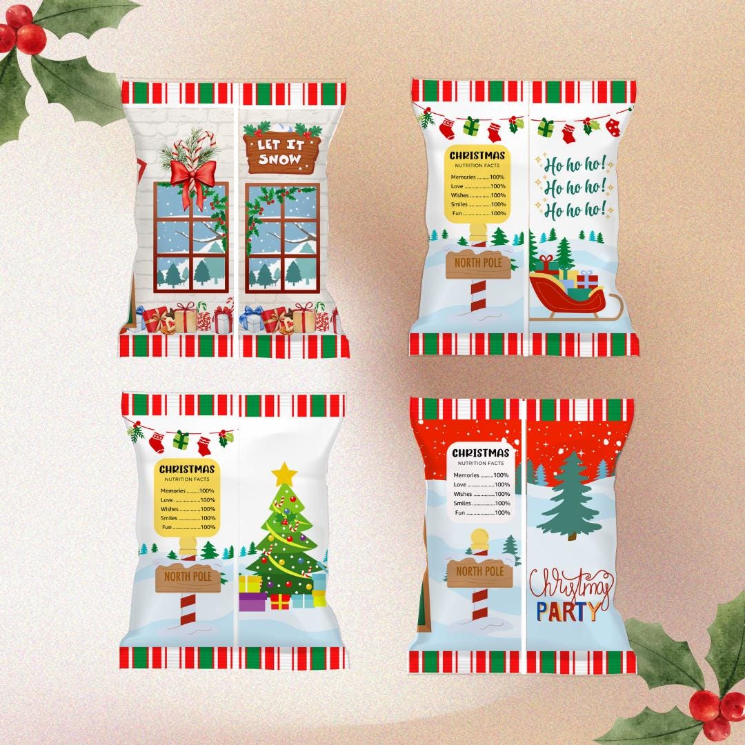4 Designs Christmas Chip Bags/loot Bags Template - Etsy