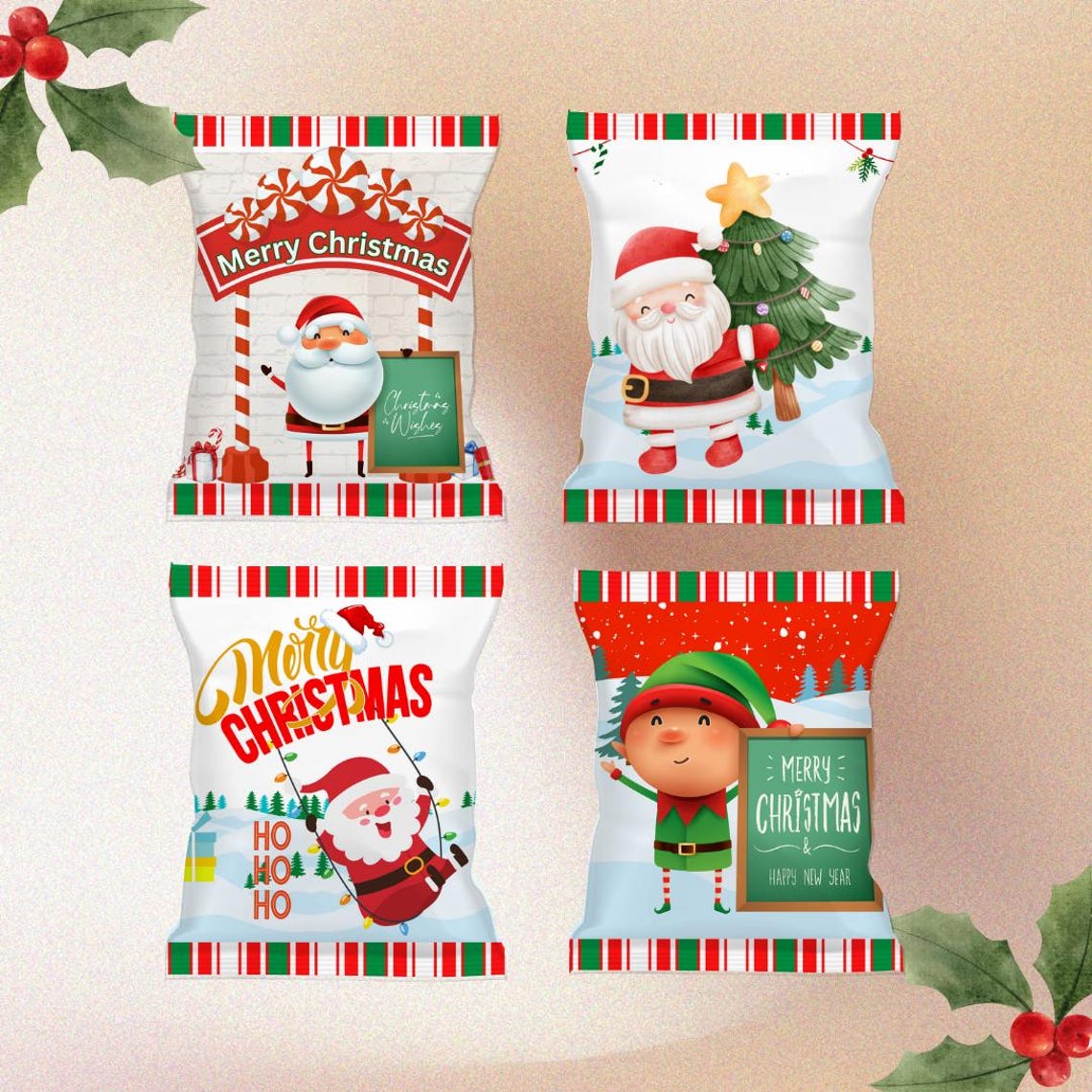 4 Designs Christmas Chip Bags/loot Bags Template - Etsy