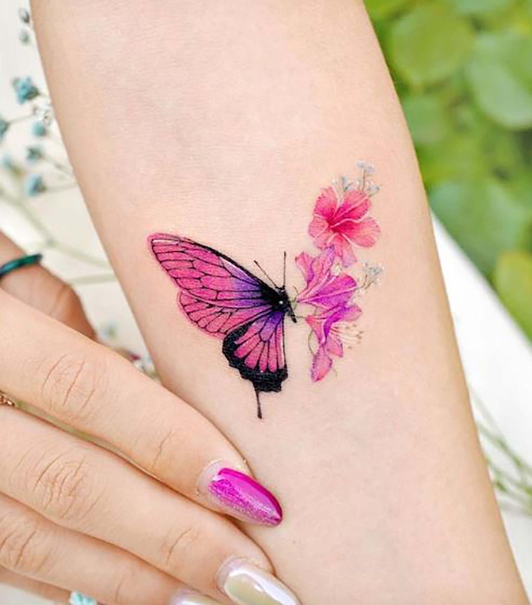 Minimalist Floral Butterflies Temporary Tattoo, Butterfly Temporary ...