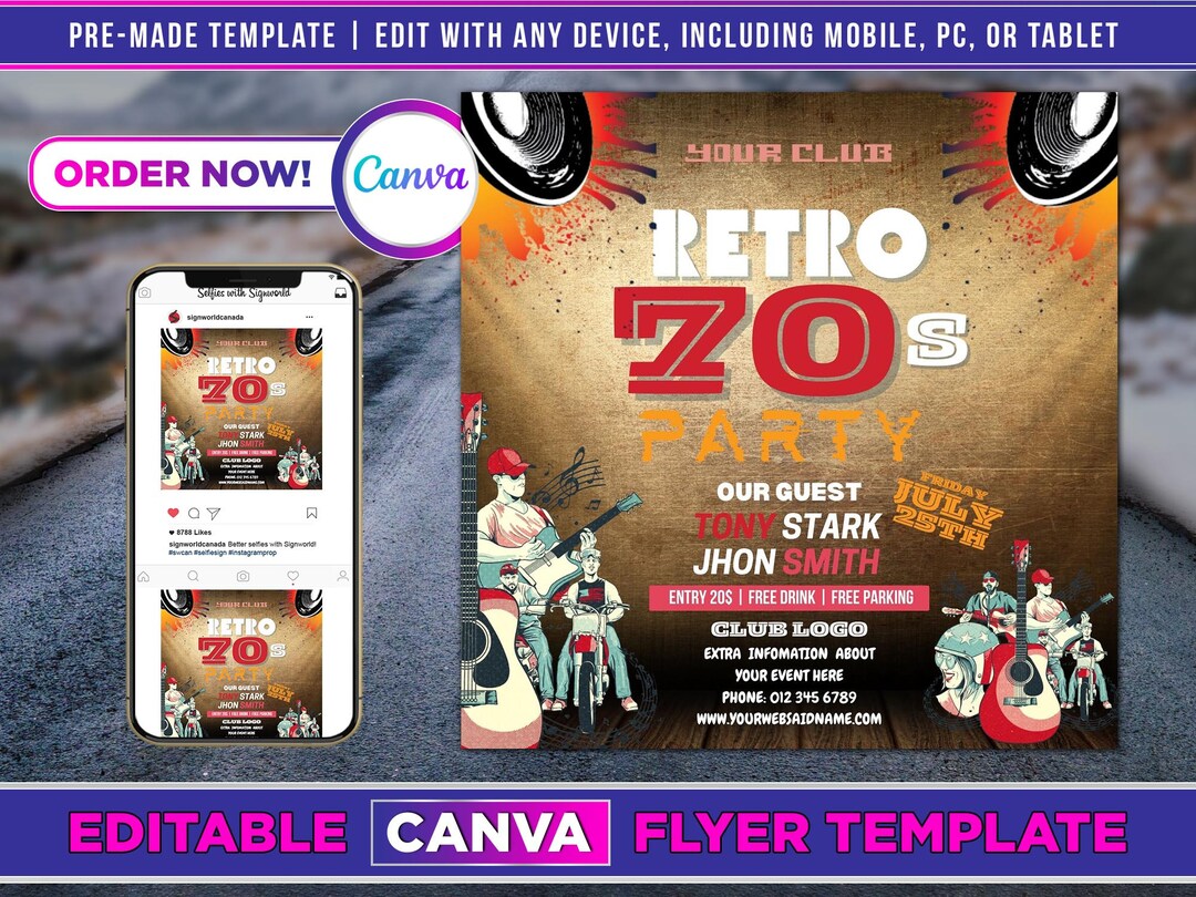 Retro Party Flyer Canva Template for DIY Social Media Marketing. - Etsy