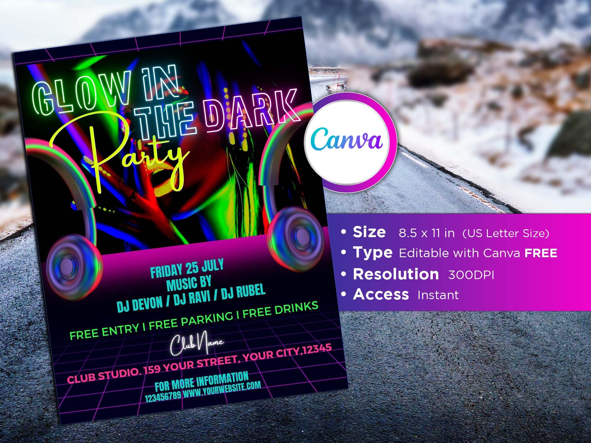 Glow in the Dark Party Flyer Editable Canva Template US Letter Size. - Etsy