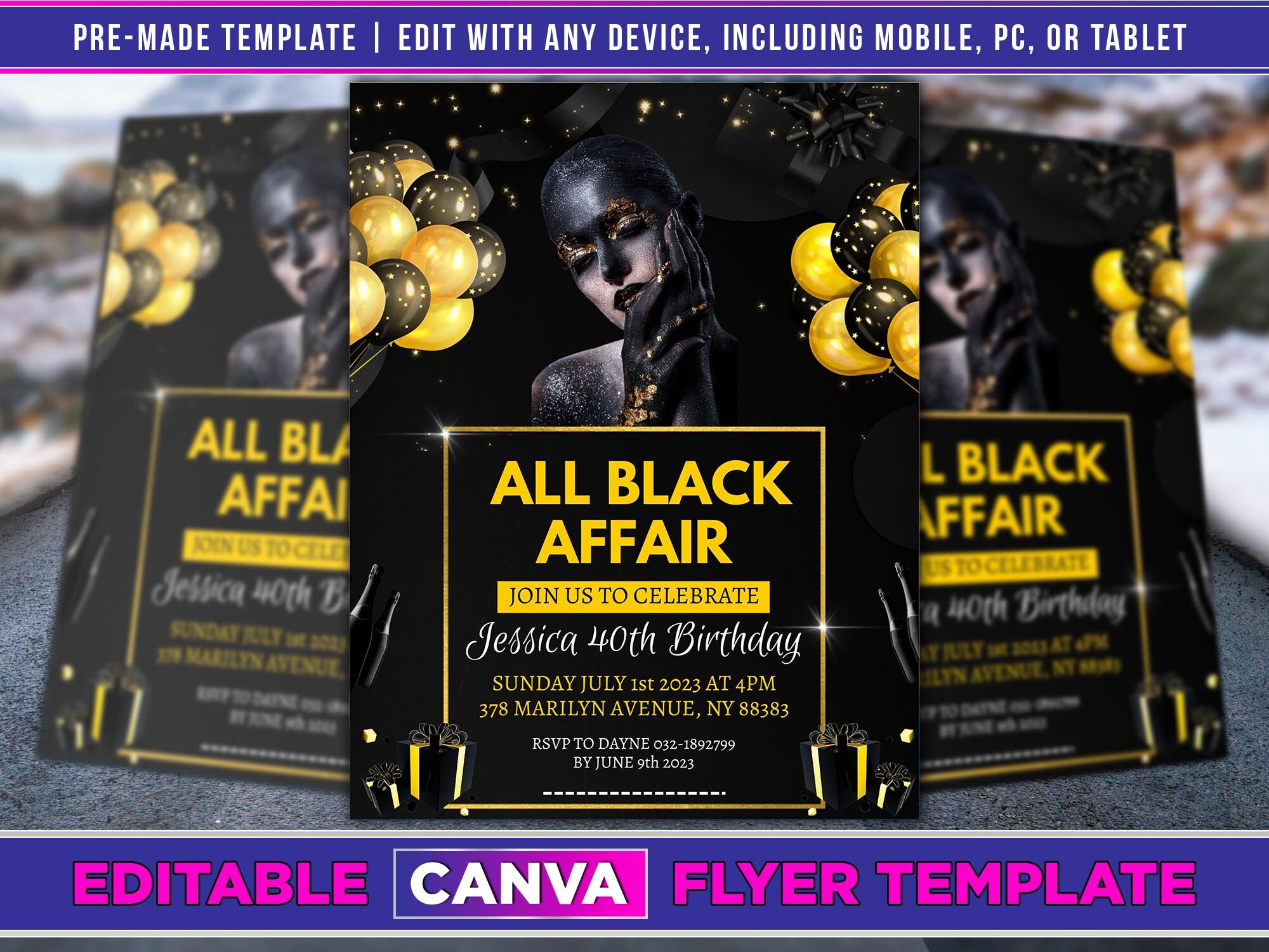 All Black Affair Invitation Flyer Editable Canva Template US Letter ...