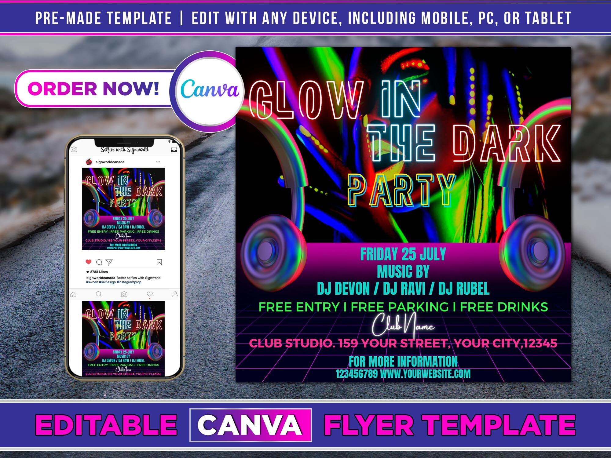 Glow in the Dark Party Flyer Canva Template for DIY Social - Etsy