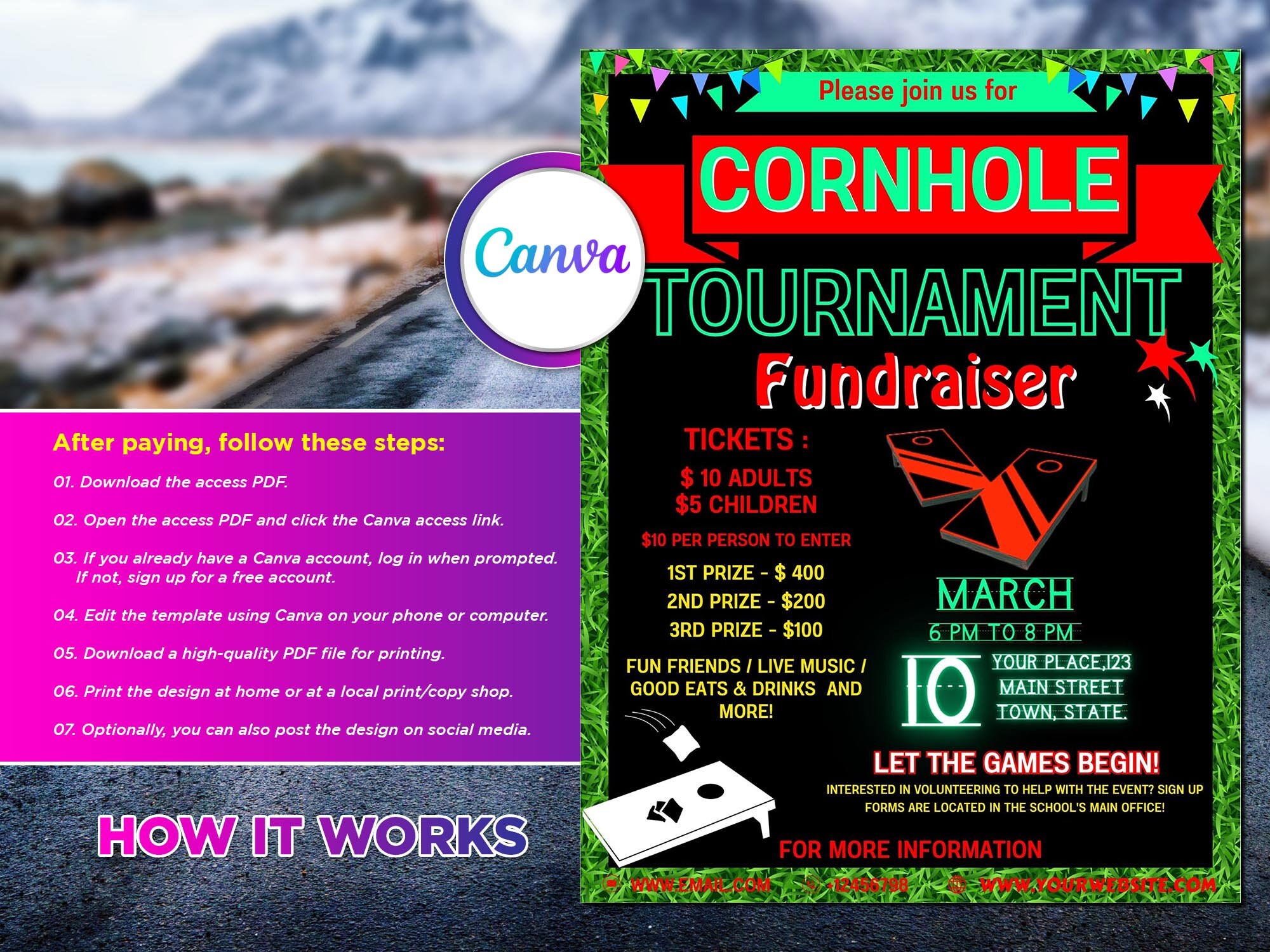 Cornhole Tournament Fundraiser Flyer Editable Canva Template US Letter ...