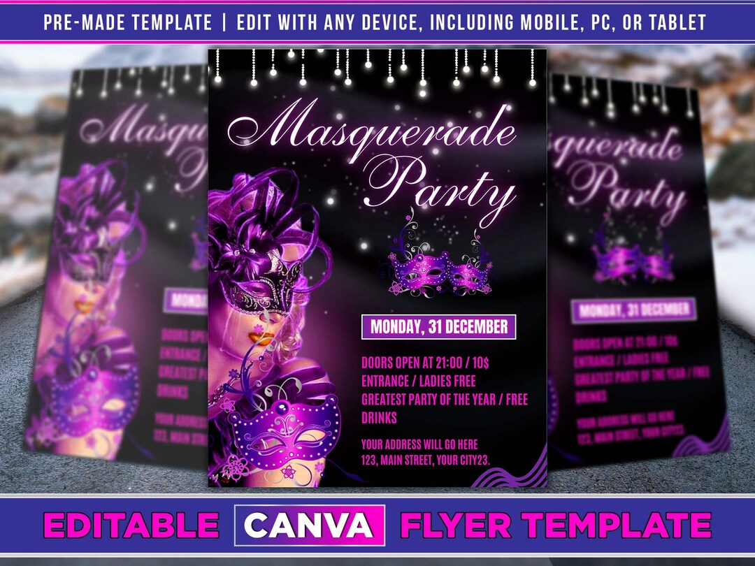 Masquerade Party Flyer Editable Canva Template US Letter Size. - Etsy
