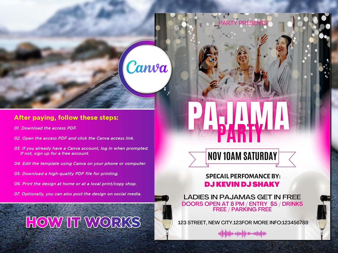 Pajama Party Flyer Editable Canva Template US Letter Size. - Etsy