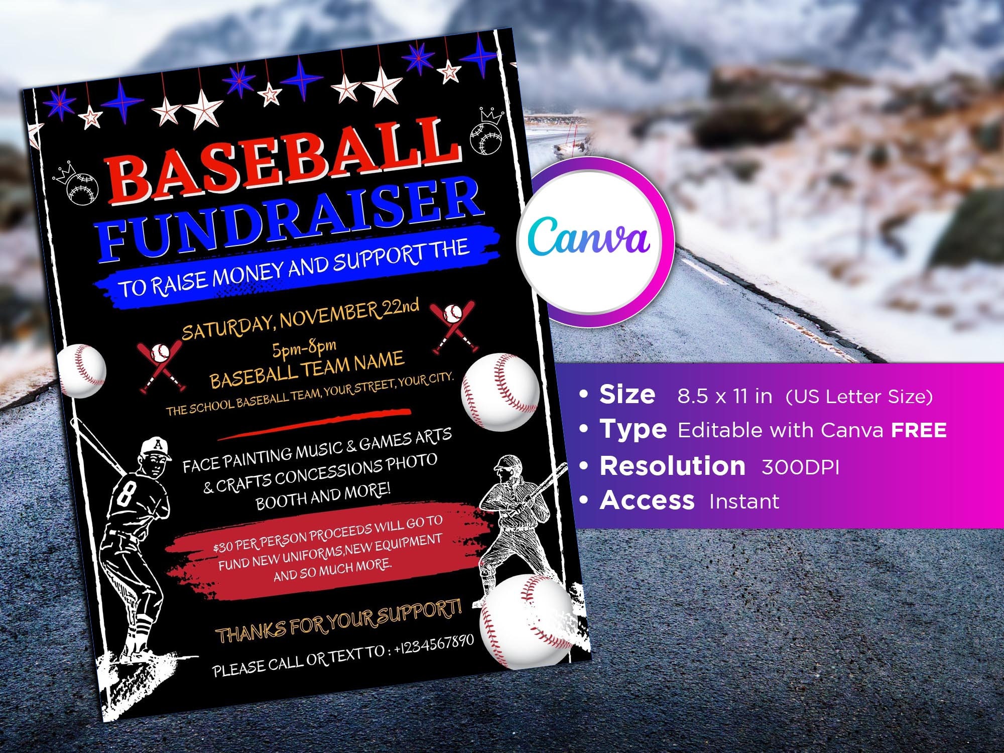 Baseball Fundraiser Flyer Editable Canva Template US Letter - Etsy