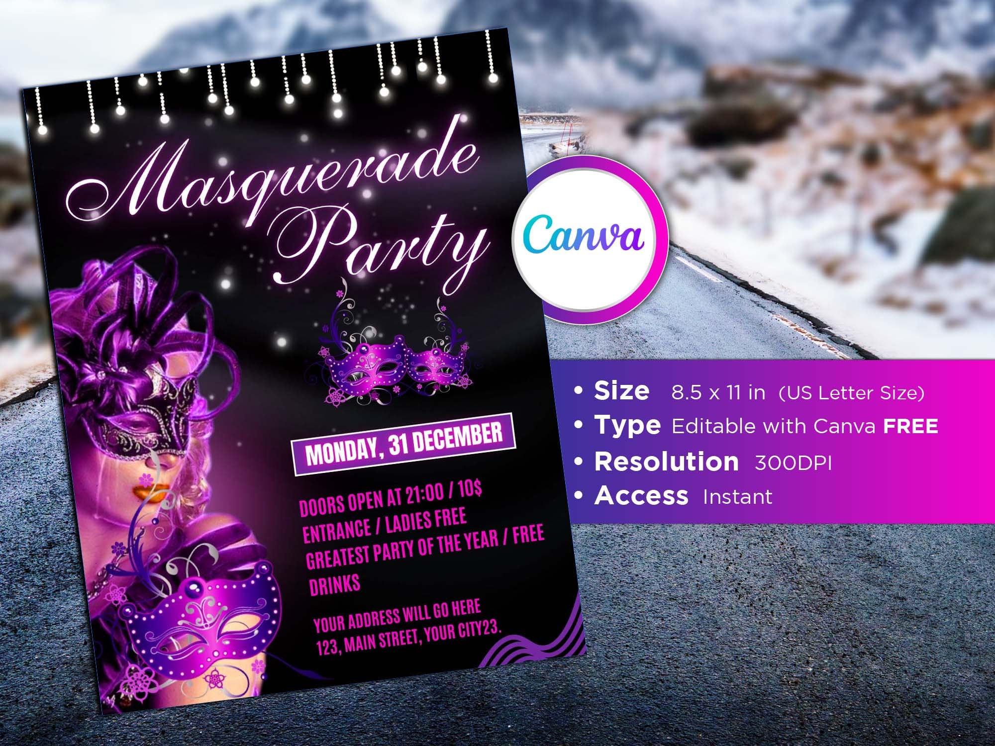 Masquerade Party Flyer Editable Canva Template US Letter Size. - Etsy