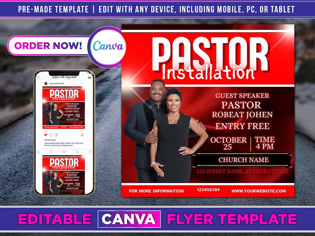 Pastor Installation Flyer Canva Template for DIY Social Media Marketing ...