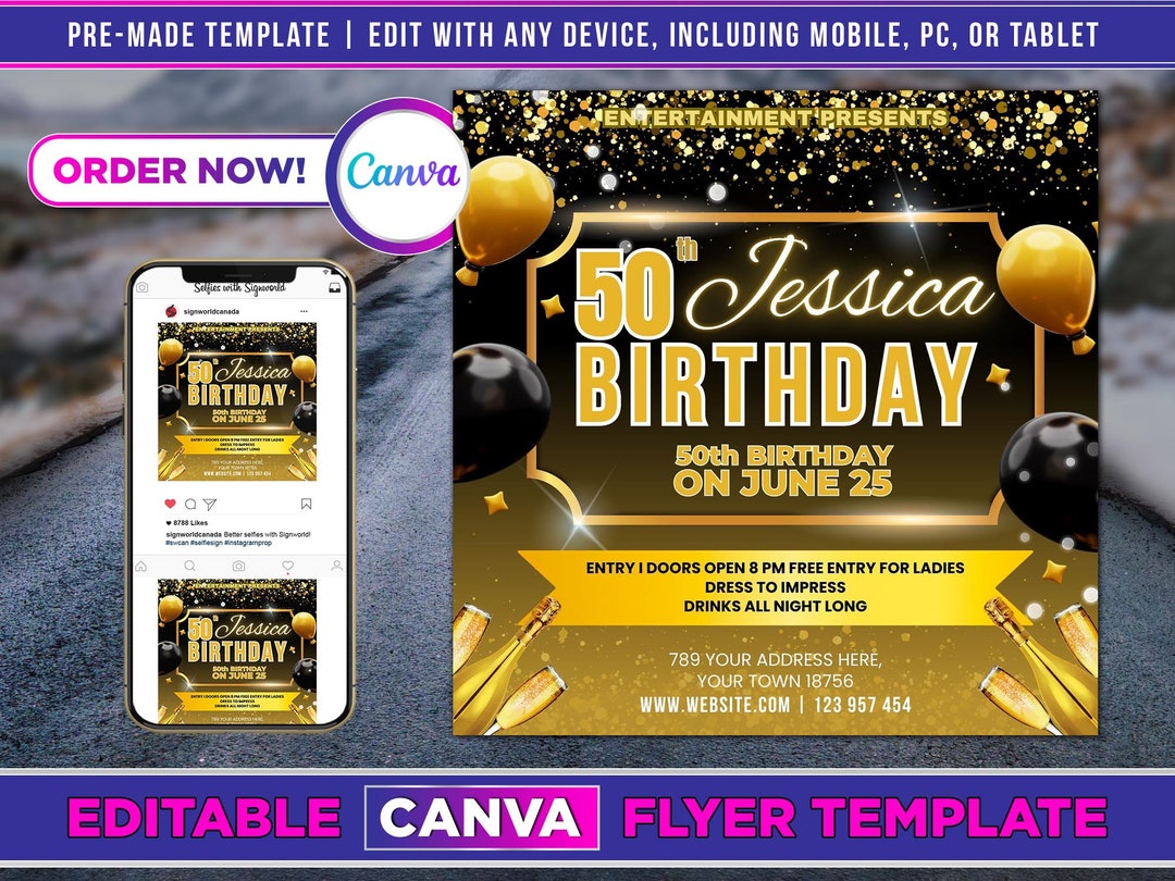 50th Birthday Party Flyer Canva Template for DIY Social Media Marketing ...