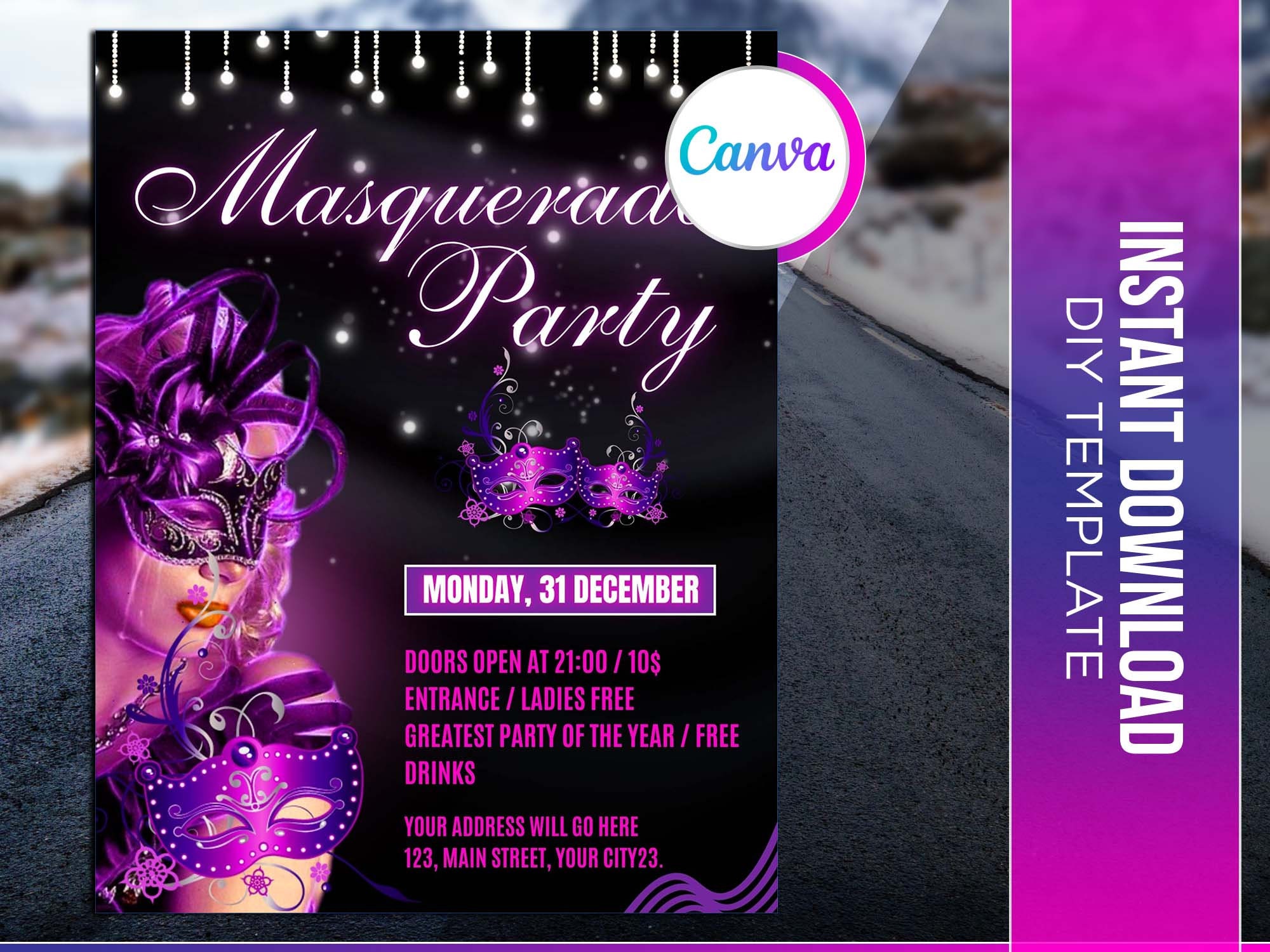 Masquerade Party Flyer Editable Canva Template US Letter Size. - Etsy