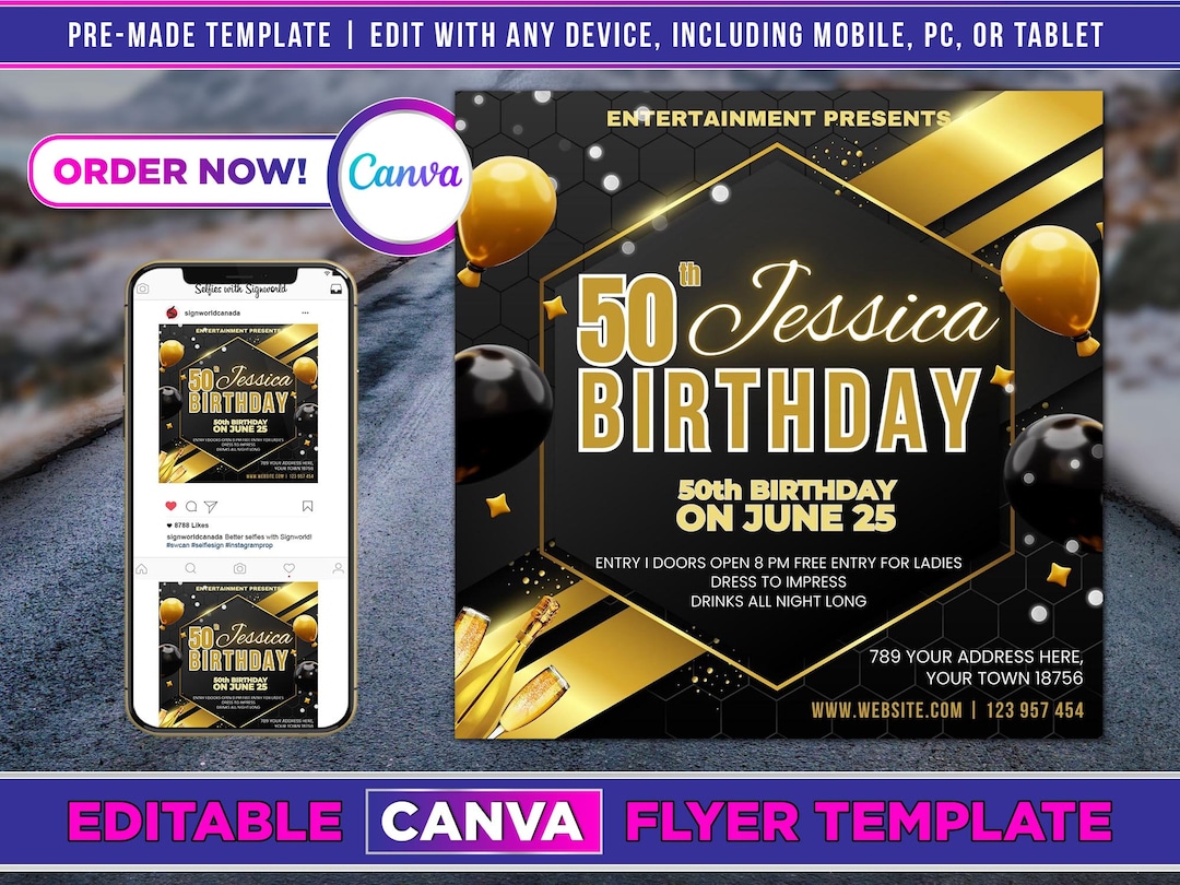 50th Birthday Flyer Canva Template for DIY Social Media Marketing. - Etsy
