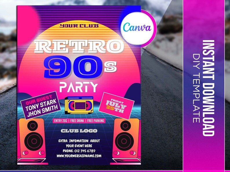 90s Party Flyer Editable Canva Template US Letter Size. - Etsy UK