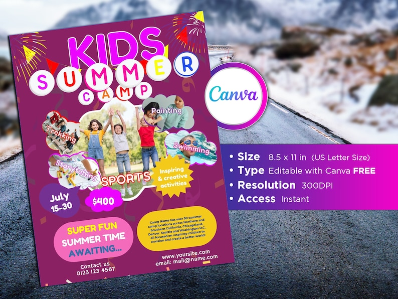 Kids Summer Camp Flyer Editable Canva Template US Letter Size. - Etsy