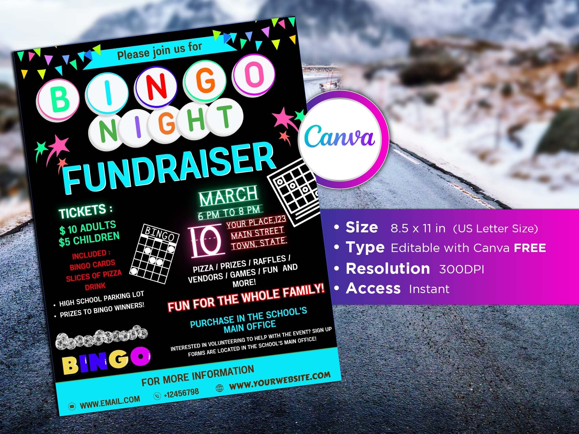 Bingo Night Fundraiser Flyer Editable Canva Template US Letter Size. - Etsy