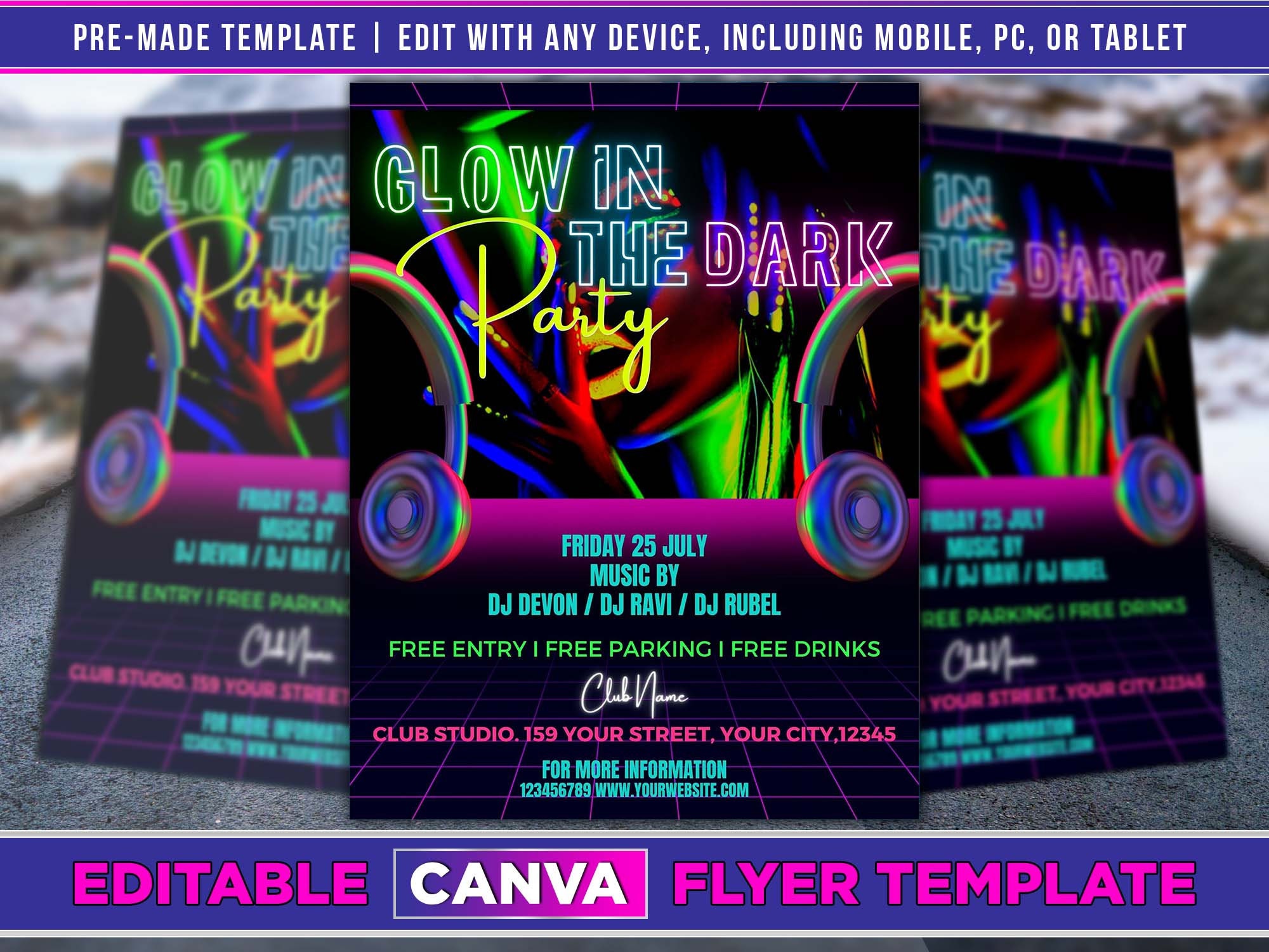 Glow in the Dark Party Flyer Editable Canva Template US Letter Size. - Etsy