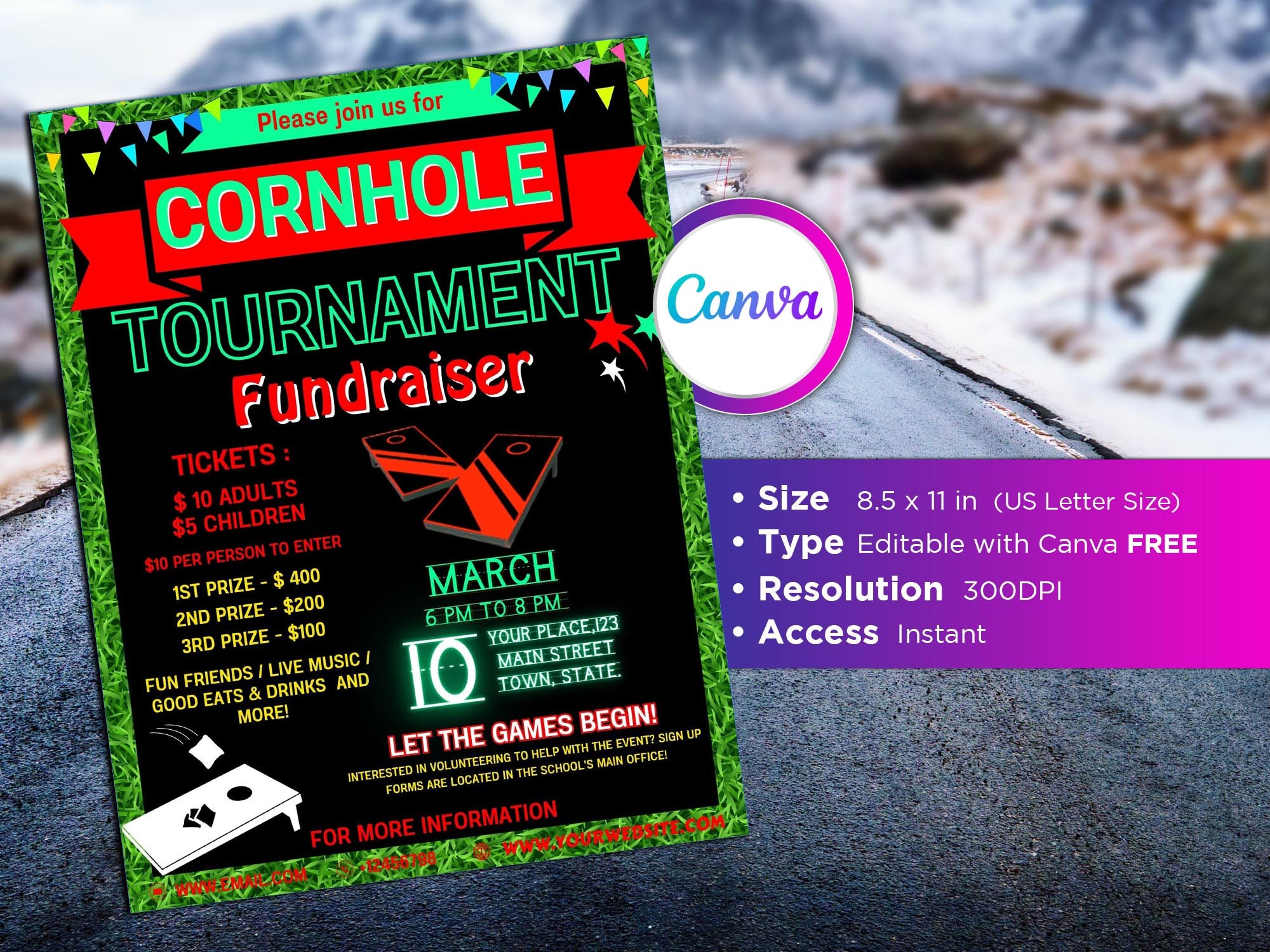 Cornhole Tournament Fundraiser Flyer Editable Canva Template US Letter ...