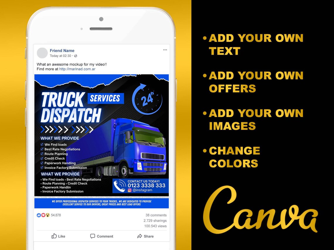 Freight Dispatcher Flyer, Canva Truck Flyer Template. Editable Social ...