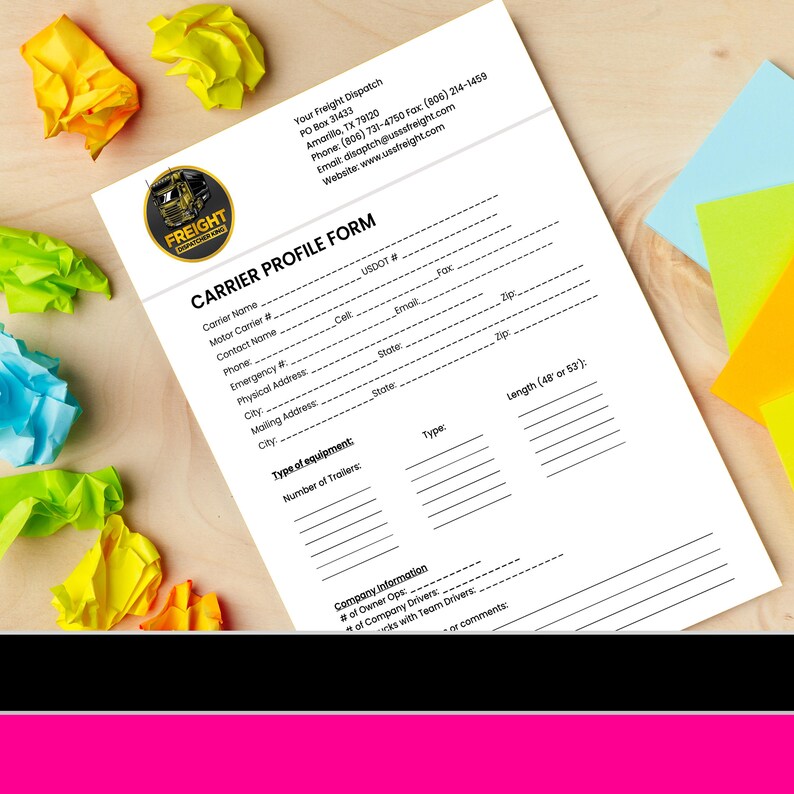 Freight Dispatcher Carrier Profile Form PDF and Editable Canva Template ...
