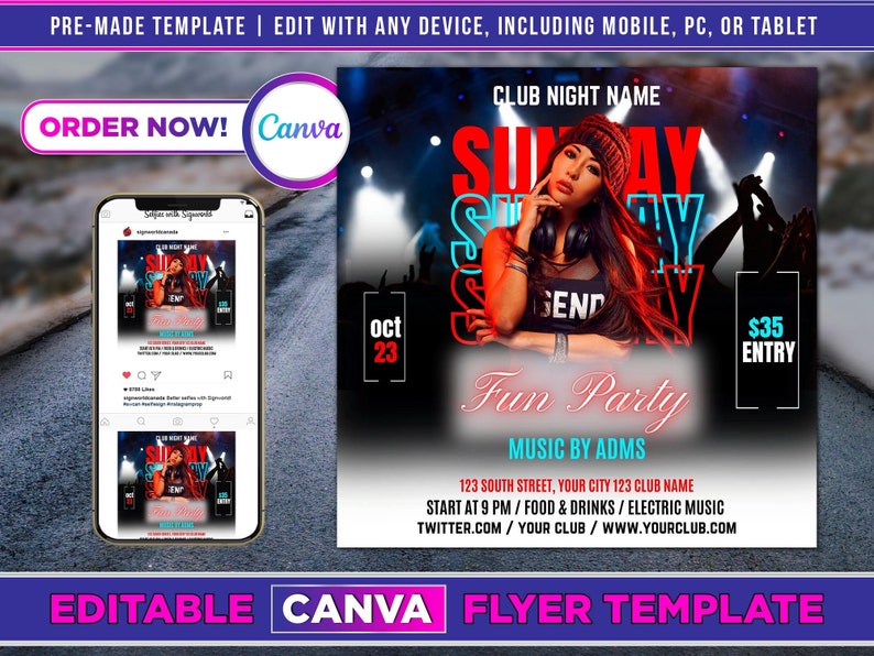 Day Party Flyer Canva Template for DIY Social Media Marketing. - Etsy