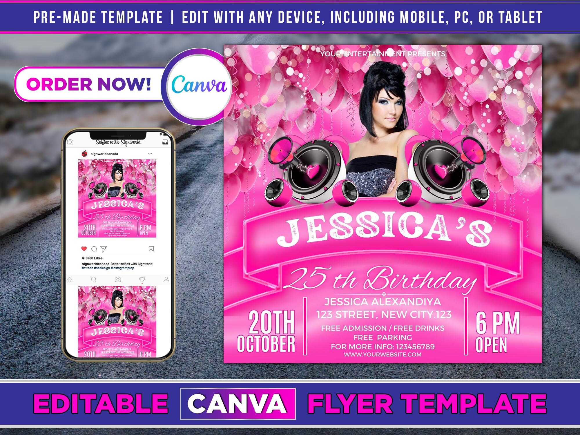 Pink Birthday Flyer Canva Template for DIY Social Media Marketing. - Etsy