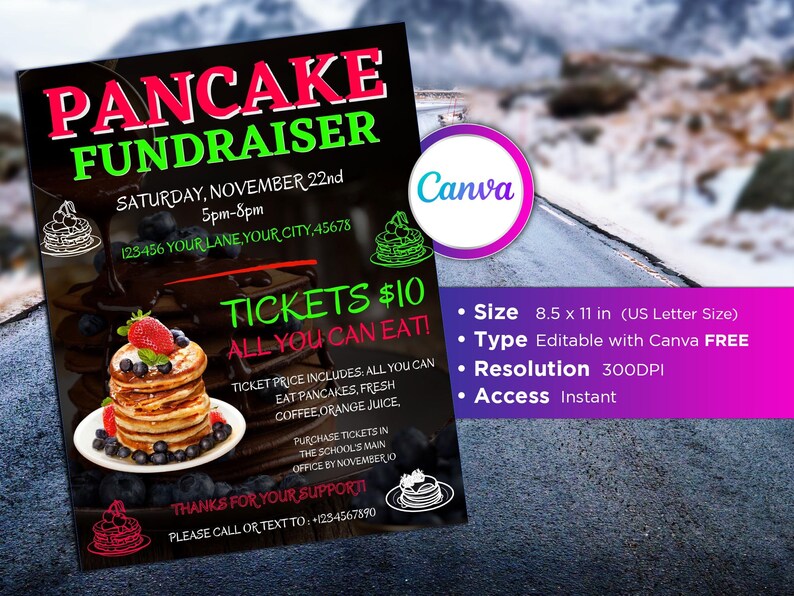 Pancake Fundraiser Flyer Editable Canva Template US Letter Size. - Etsy