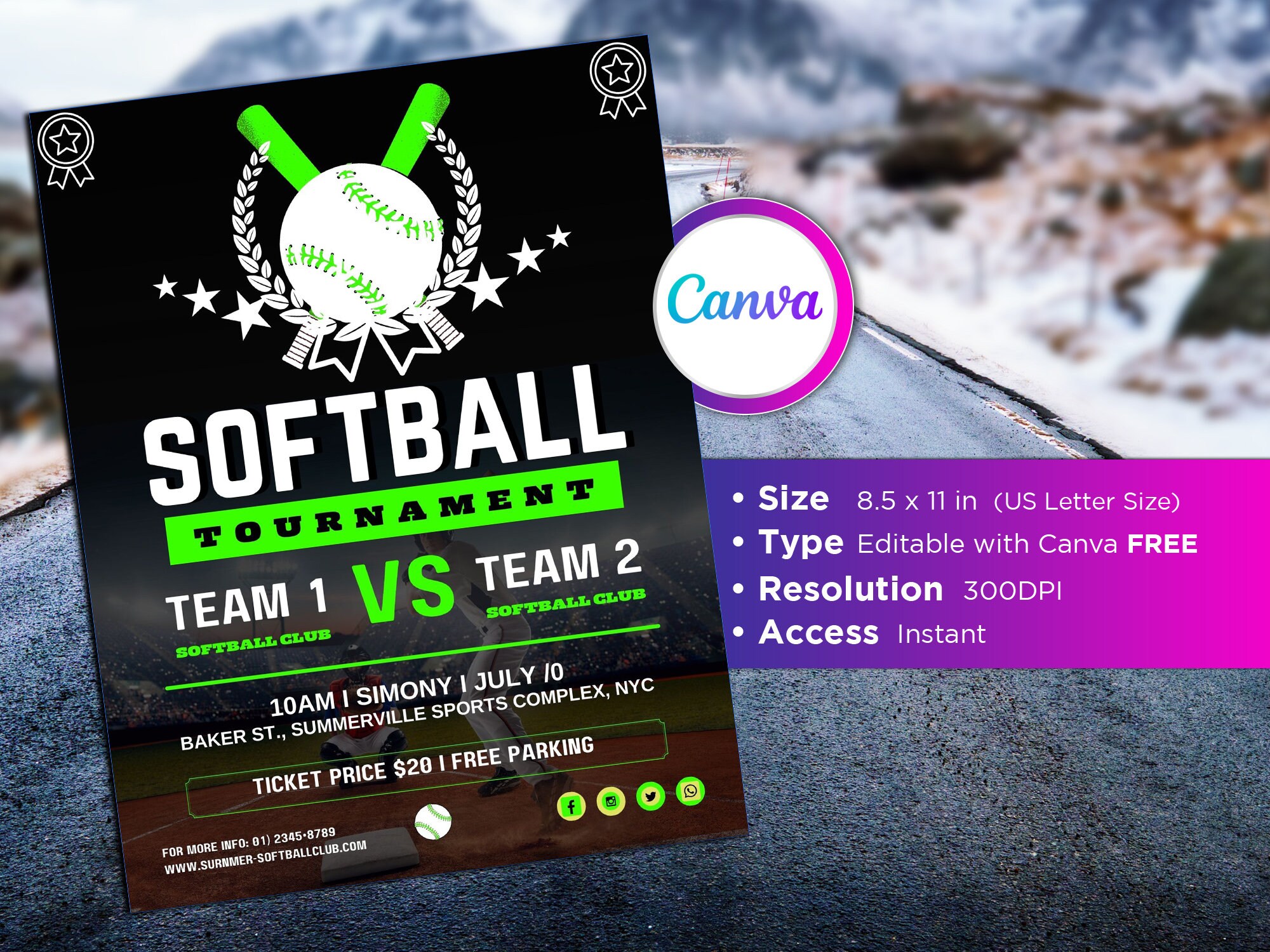 Softball Flyer Editable Canva Template US Letter Size. - Etsy