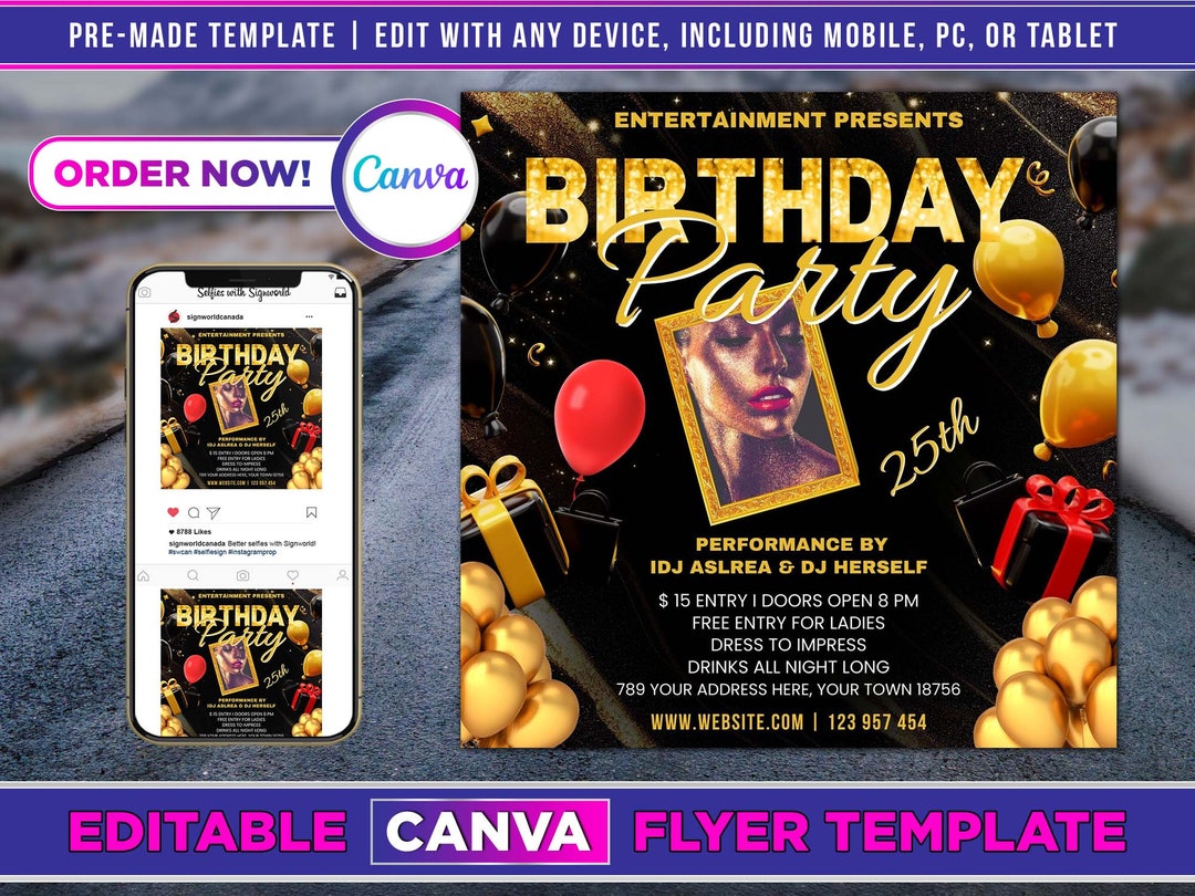 Birthday Party Flyer Canva Template for DIY Social Media Marketing ...