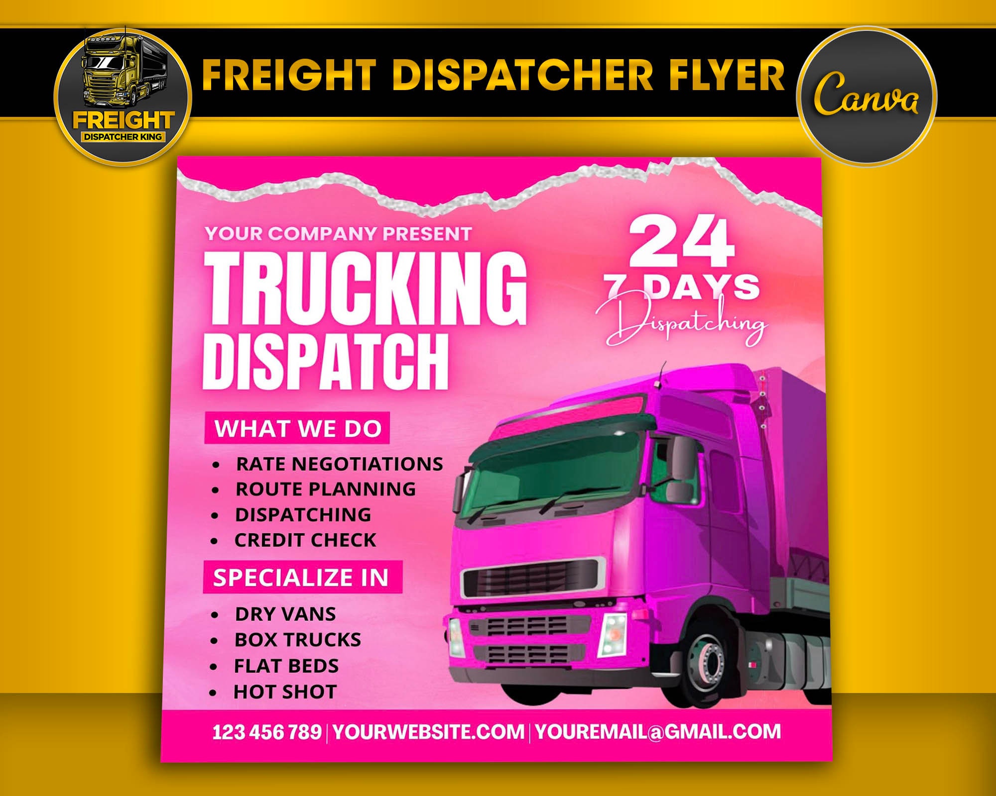 Freight Dispatcher Service Flyer, Canva Truck Flyer Template. Editable ...