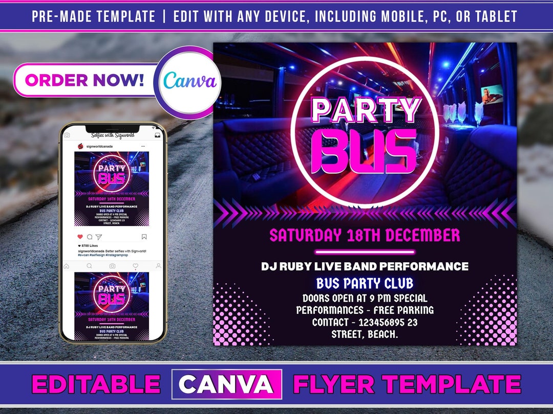 Party Bus Flyer Canva Template for DIY Social Media Marketing. - Etsy