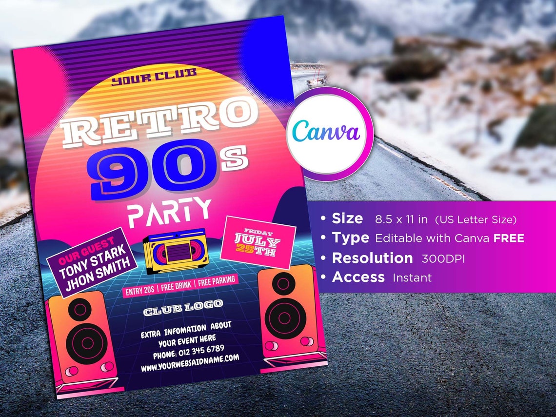 90s Party Flyer Editable Canva Template US Letter Size. - Etsy UK