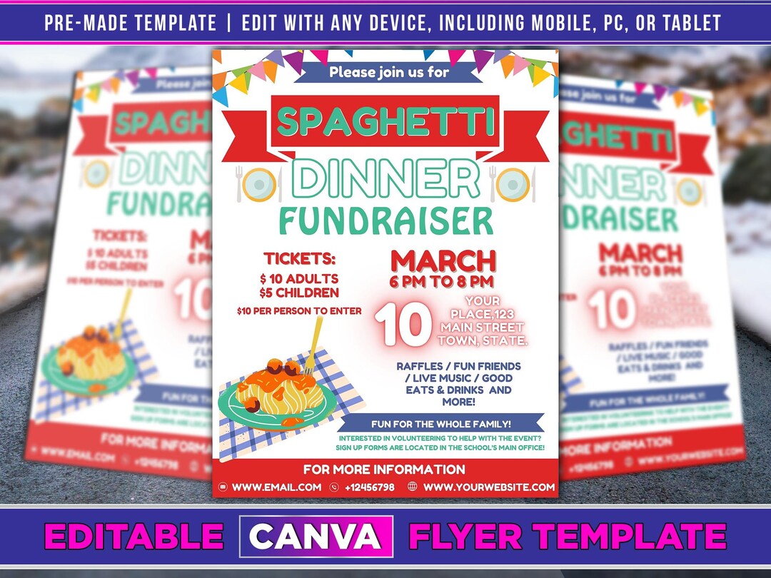 Spaghetti Dinner Fundraiser Flyer Editable Canva Template US Letter ...