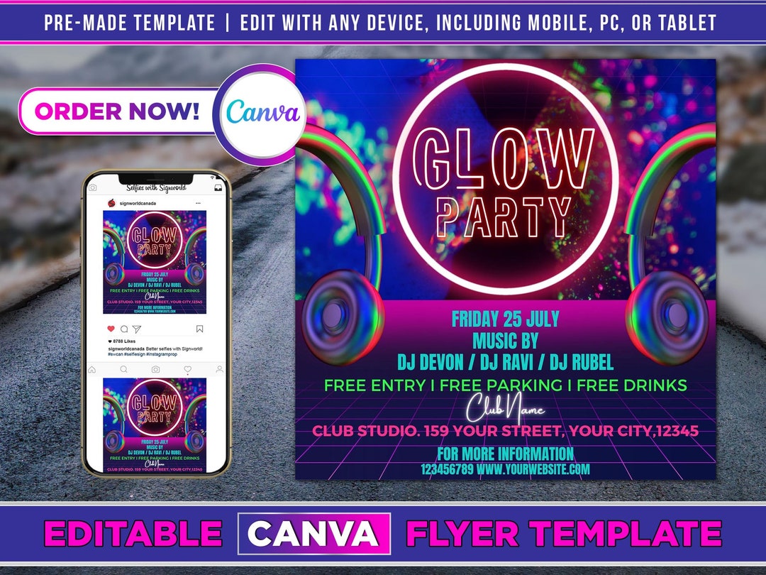 Glow Party Flyer Canva Template for DIY Social Media Marketing. - Etsy