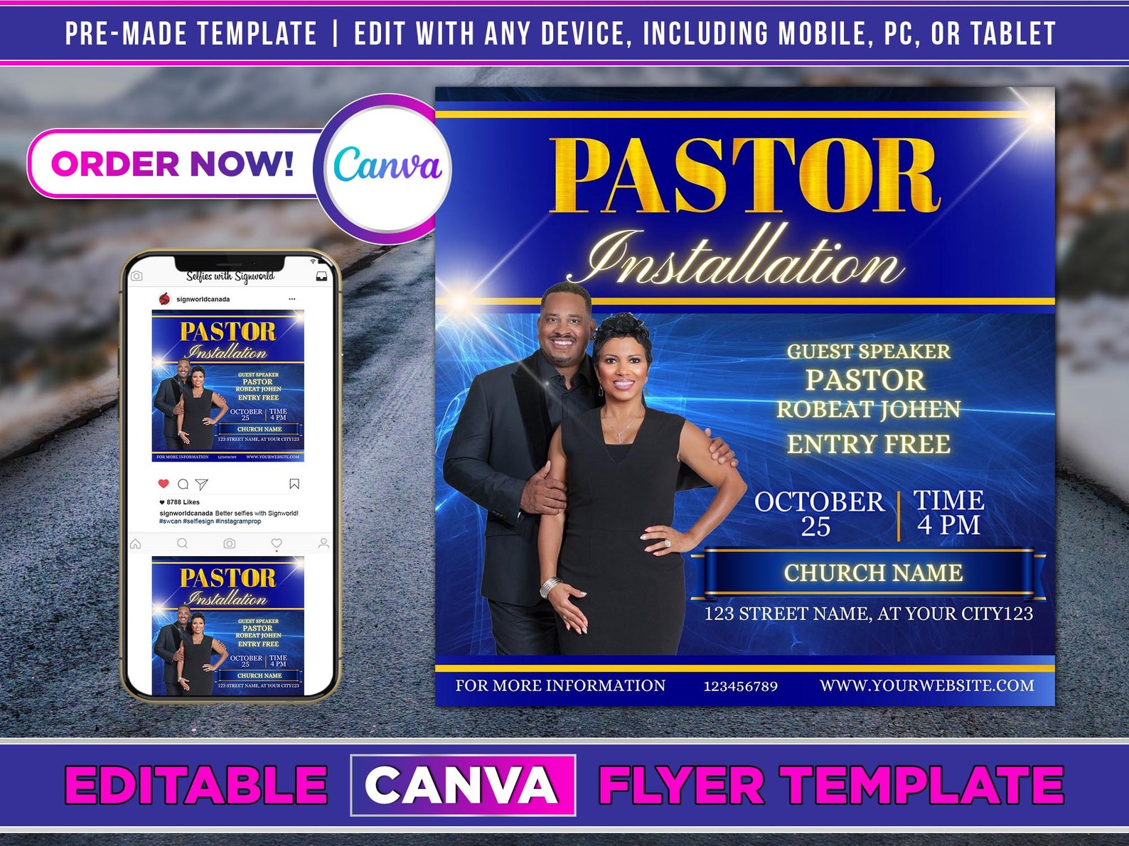 Pastor Installation Flyer Canva Template for DIY Social Media Marketing ...