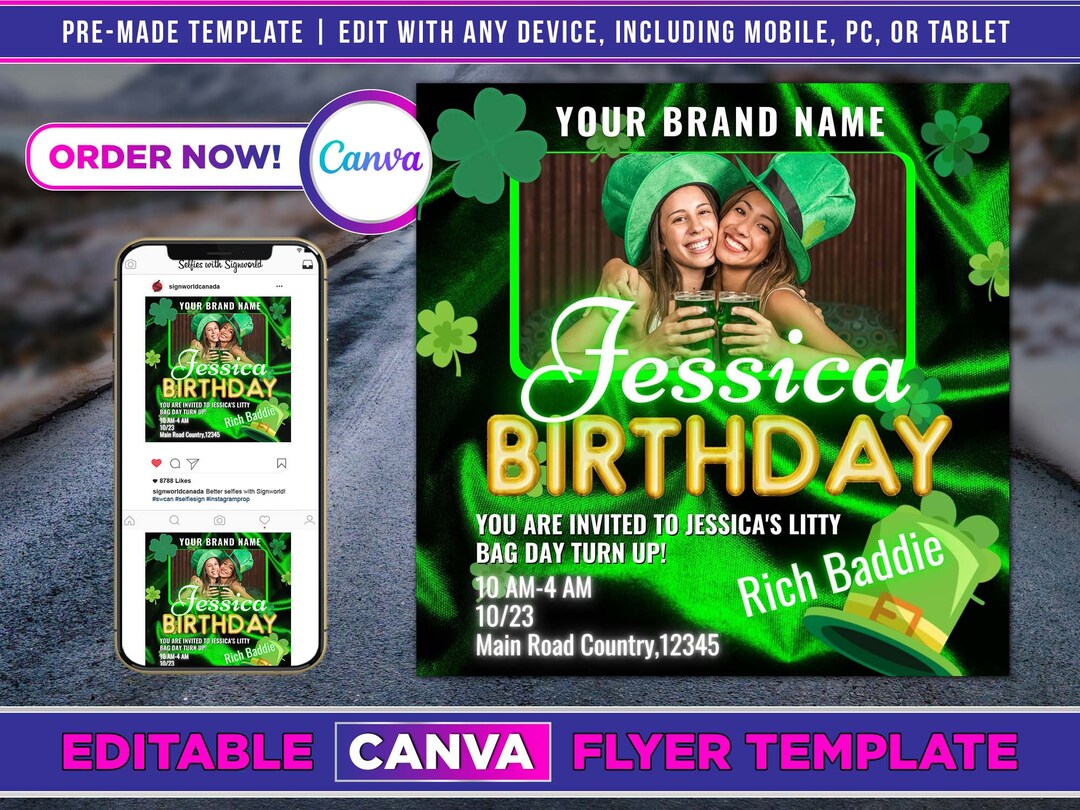 St Patricks Day Birthday Invitation Flyer Canva Template for DIY Social ...
